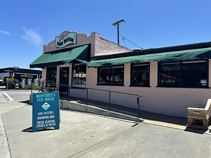 The unassuming exterior of Monterey's Fish House glows with promise at dusk, like a lighthouse beckoning hungry sailors home.