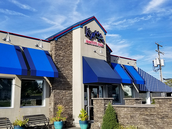 The blue awnings of Kyma Seafood stand out like a Mediterranean mirage in Stevens, Pennsylvania&mdash;a coastal oasis in Amish country.