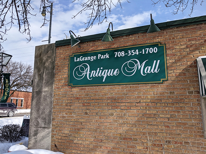The classic brick facade and elegant green sign welcome treasure hunters to this suburban gem. History waits behind these walls.