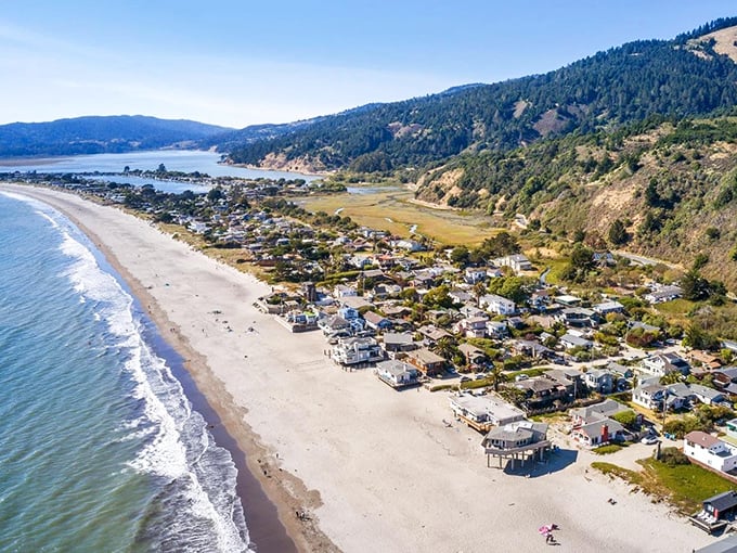 Paradise from above! Stinson Beach's three-mile crescent of golden sand hugs the coastline like nature's perfect smile, with Mount Tamalpais standing guard in the background.