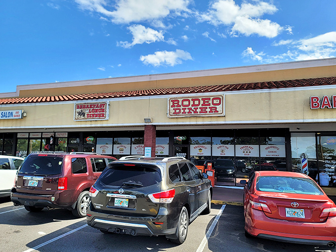 The unassuming storefront that hides breakfast greatness. Like a culinary Clark Kent, Rodeo Diner's modest exterior belies the superhero-level meals served inside.