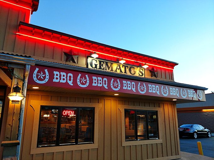 The golden facade of Gemato's stands like a beacon of barbecue hope on an ordinary suburban street. No fancy frills, just the promise of smoky delights within.