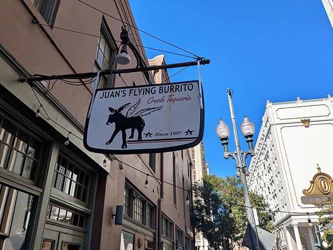 The iconic winged donkey sign beckons hungry travelers like a mythical creature promising culinary adventures. This isn't just a sign&mdash;it's a promise.