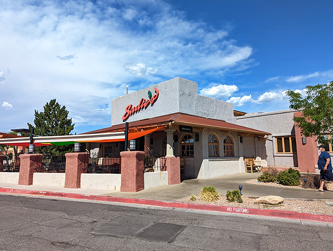 Sadie's iconic adobe-style exterior stands proudly against New Mexico's brilliant blue sky, like a delicious mirage beckoning hungry travelers.