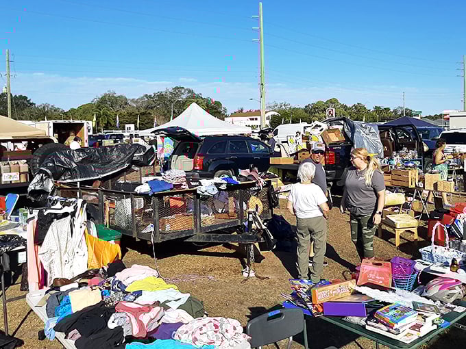Under Florida's brilliant blue sky, treasure hunters navigate a maze of possibilities. The morning hustle at Sarasota Swap Meet promises discoveries waiting just around the corner.