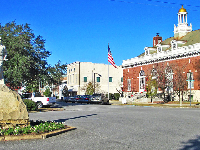 Downtown Eufaula showcases its historic charm with a classic courthouse and American flag standing proud against that impossibly blue Alabama sky.