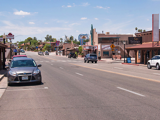 Downtown Wickenburg welcomes visitors with its wide-open streets and classic Western storefronts—like stepping into a John Wayne movie with better parking options.