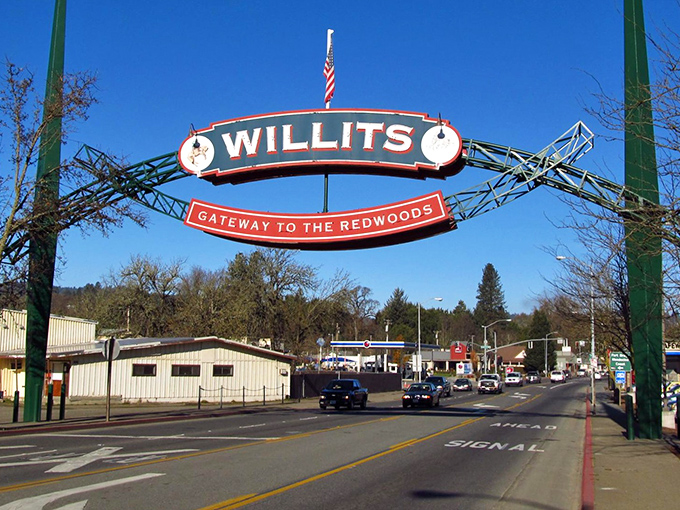 The iconic Willits arch welcomes visitors with small-town charm and big promises of redwood adventures ahead.