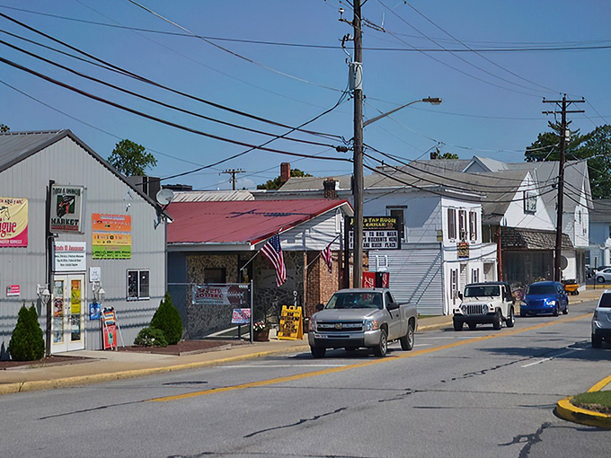 Downtown Bridgeville showcases its artistic soul with a vibrant mural that tells stories of community life against the backdrop of charming storefronts.