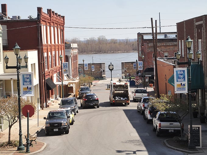 Downtown Cape Girardeau slopes gently toward the Mississippi, where historic brick buildings stand sentinel over the mighty river that shaped this charming town.