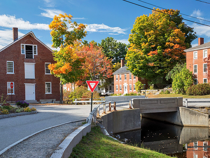 Brick buildings reflected in still waters &ndash; Harrisville's historic district looks like New England decided to show off for a magazine cover shoot.