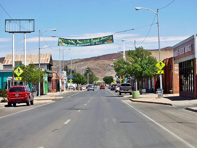Main Street charm on full display with that impossibly blue New Mexico sky. Small-town America with a quirky twist and mountains as the backdrop.