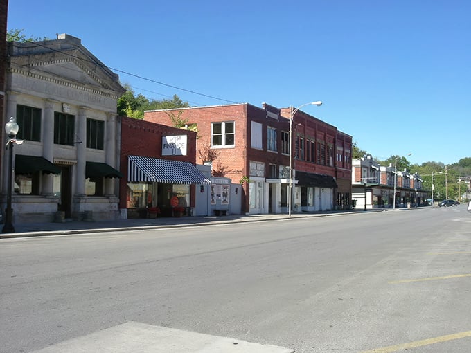 Historic brick buildings line Pawhuska's main street, telling stories of boom times and quiet years while standing proudly against the Oklahoma sky.
