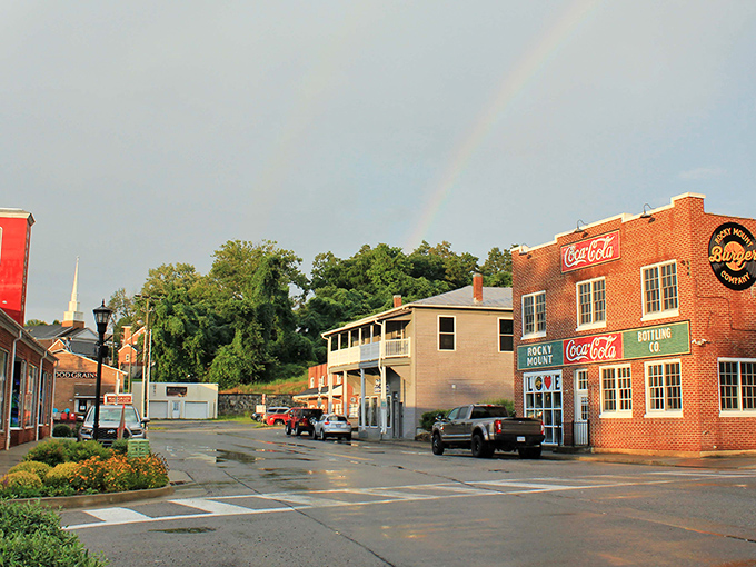A rainbow arches over downtown Rocky Mount, as if nature itself is highlighting this charming Virginia gem.