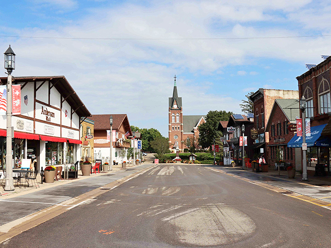 Downtown New Glarus welcomes visitors with its unmistakable Swiss charm, where Alpine architecture meets Midwestern hospitality on every corner.