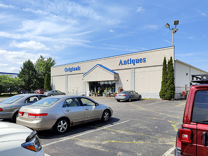The unassuming exterior of Originals Mall of Antiques hides a wonderland of nostalgia inside, like finding a treasure chest disguised as a shoebox.