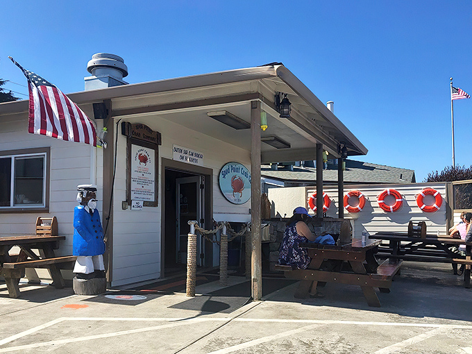 The unassuming seafood sanctuary of Spud Point Crab Company stands proudly against the Bodega Bay sky, where maritime charm meets culinary excellence.
