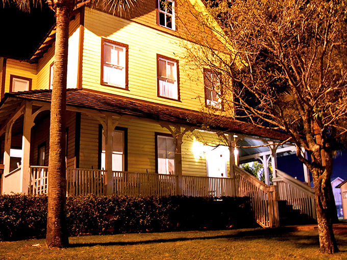 The golden glow of the Riddle House at night creates an atmosphere Stephen King would approve of. Victorian charm meets ghostly tales beneath those illuminated windows.