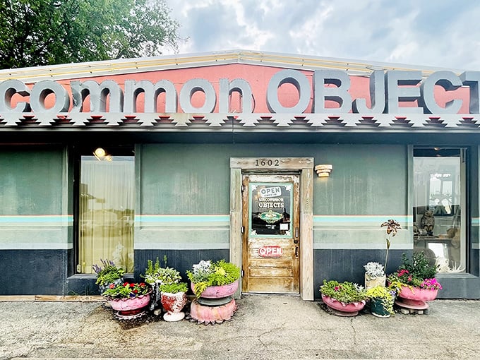 The unassuming exterior of Uncommon Objects belies the wonderland within. Pink planters and a weathered door serve as the portal to Austin's most eccentric treasure trove.
