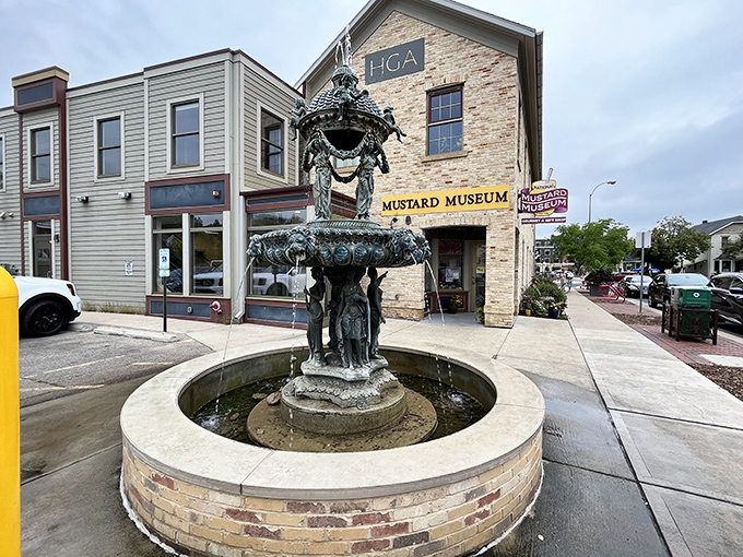 The National Mustard Museum stands proudly in downtown Middleton, with a decorative fountain that seems to say, "Yes, we're serious about condiments here."
