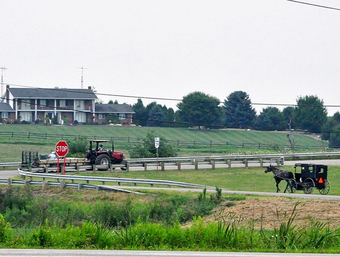 Modern meets traditional on this country road where an Amish buggy and tractor share the same stretch of asphalt &ndash; time travel without the flux capacitor.