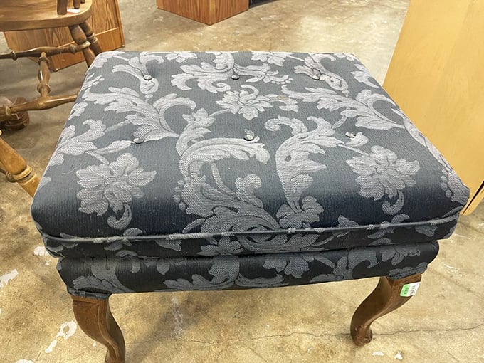 This elegant ottoman speaks of parlor rooms and proper tea service, yet costs less than two movie tickets. Victorian charm meets modern budget.