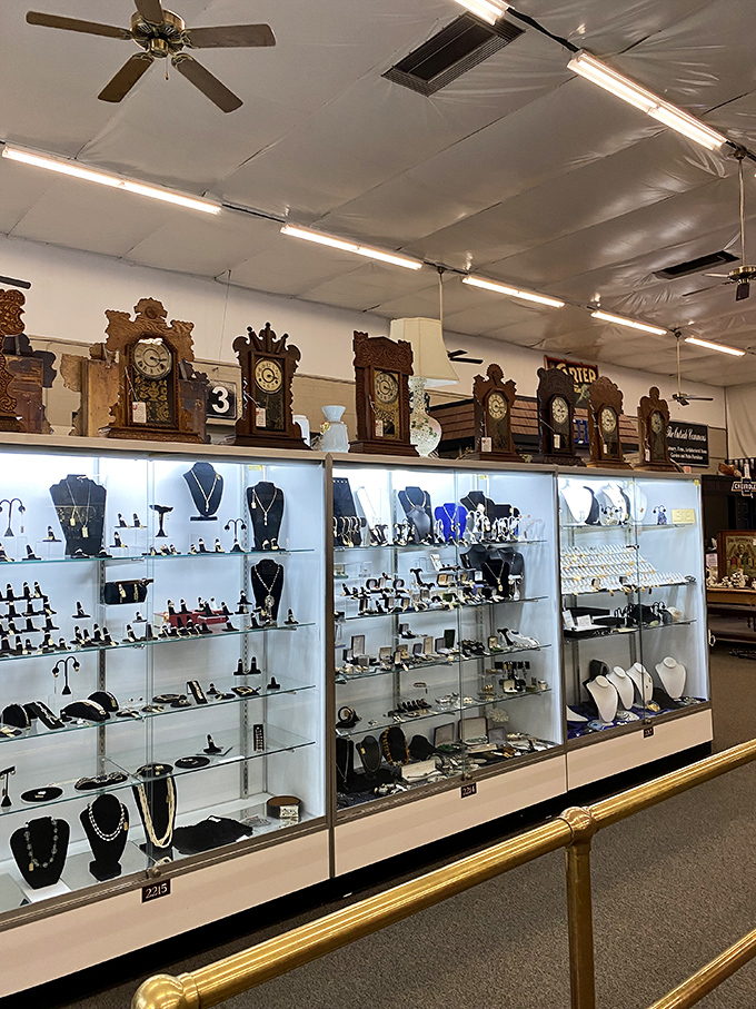 Antique clocks keeping perfect time above gleaming jewelry cases. Time literally stands still while you contemplate which brooch speaks to your soul.