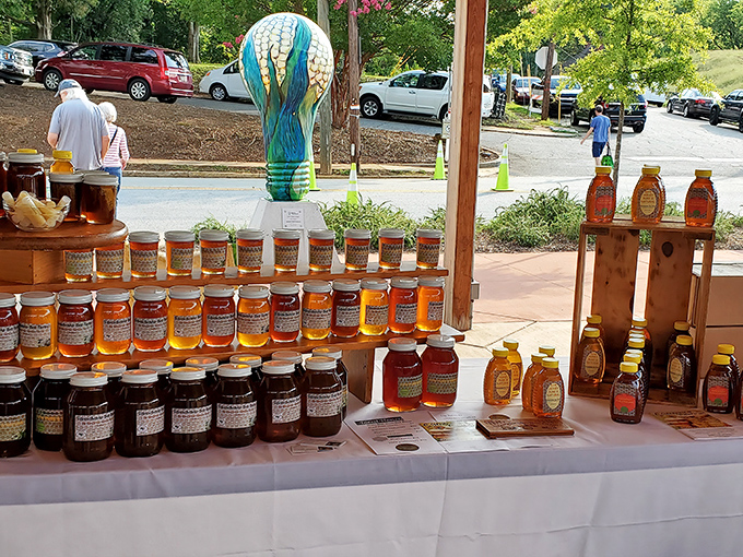 Liquid gold, lined up like soldiers! Local honey in various shades of amber promises to sweeten your morning biscuits and soothe your seasonal allergies.