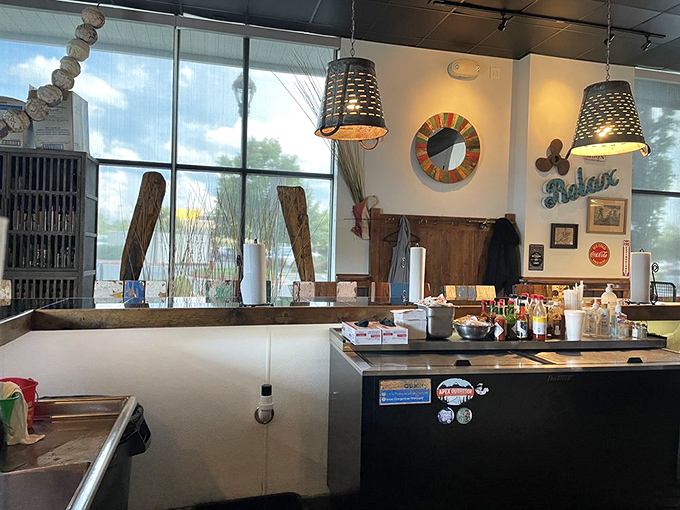 Basket lamps casting warm light over weathered wood&mdash;creating that "I've discovered something special" atmosphere that keeps locals coming back.