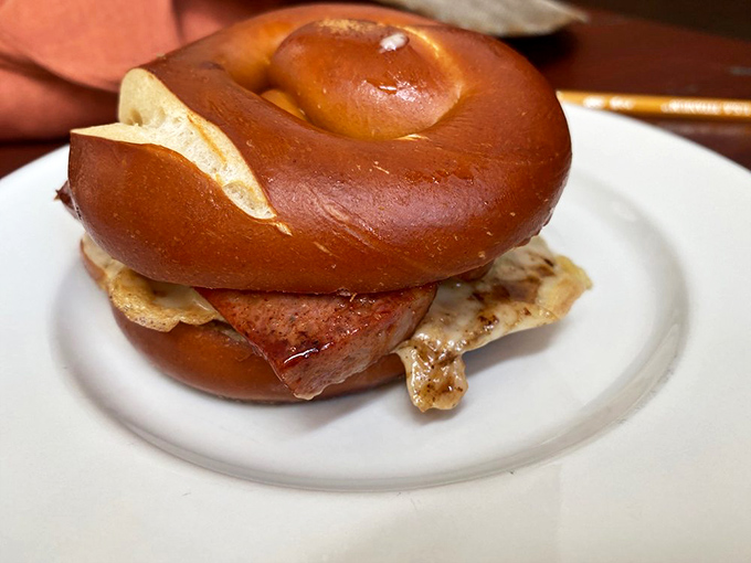 The pretzel bun sandwich: where meat and bread achieve perfect harmony, like Sonny and Cher but with better staying power. 