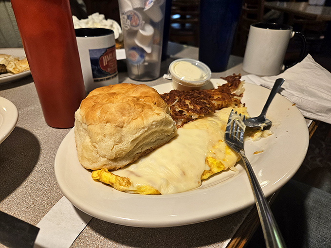 That biscuit could float away if not anchored by fluffy eggs and golden hash browns &ndash; breakfast architecture at its finest.