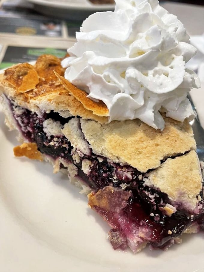 Berry pie that makes you wonder if they have a direct line to summer's finest fruits. That flaky crust and mountain of whipped cream? Pure diner poetry.