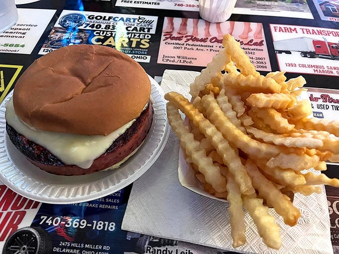 The classic combo: a perfectly grilled bologna sandwich with cheese and a side of crinkle-cut fries. Simple pleasures that make fancy food seem unnecessarily complicated. 
