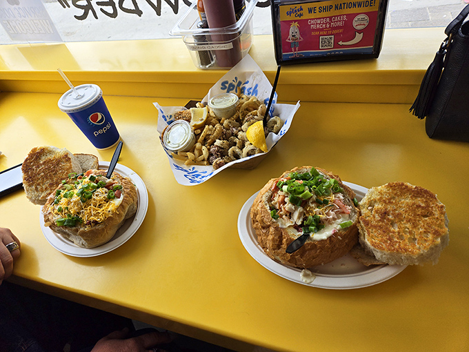A spread worthy of celebration &ndash; where bread bowls meet calamari and fries in a yellow-tabled feast that defines California coastal dining.