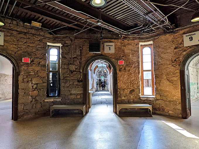 Sunlight streams through arched doorways, creating a cathedral-like atmosphere in this central hub. Beauty in the most unexpected places.