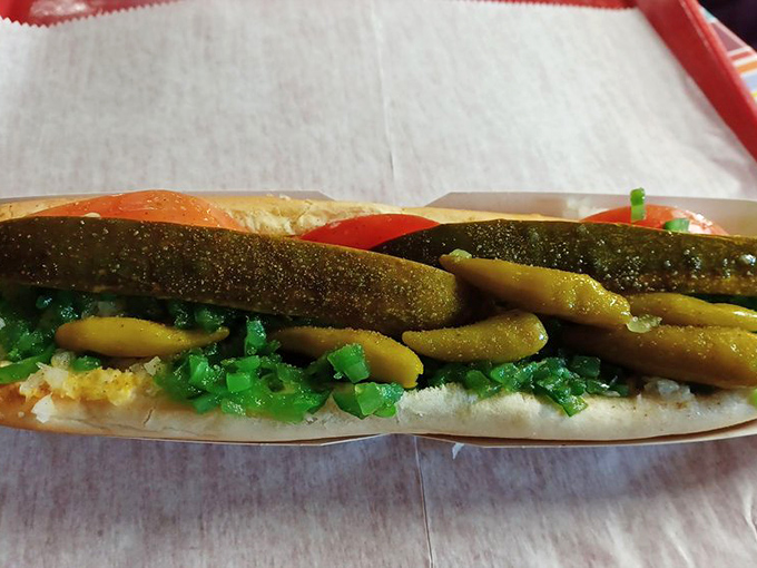A work of art disguised as lunch. The careful arrangement of toppings shows the respect this kitchen has for hot dog tradition.