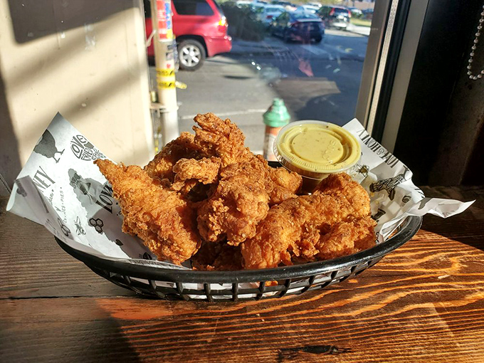 Chicken tenders basking in window light like they know they're photogenic. That honey cup is about to become your new best friend.
