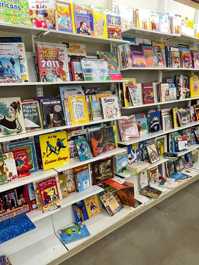 Children's books stand at attention, their colorful spines a rainbow of adventures waiting to inspire young imaginations at bargain prices.