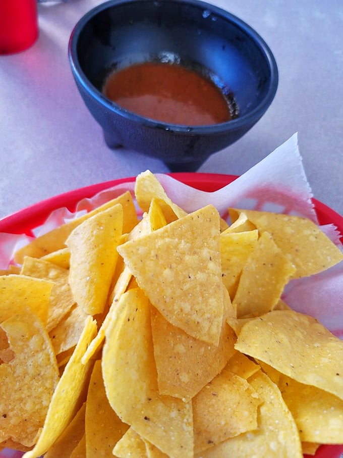 Chips and salsa: the opening act that deserves a standing ovation. Crispy triangles of joy awaiting their salsa bath.