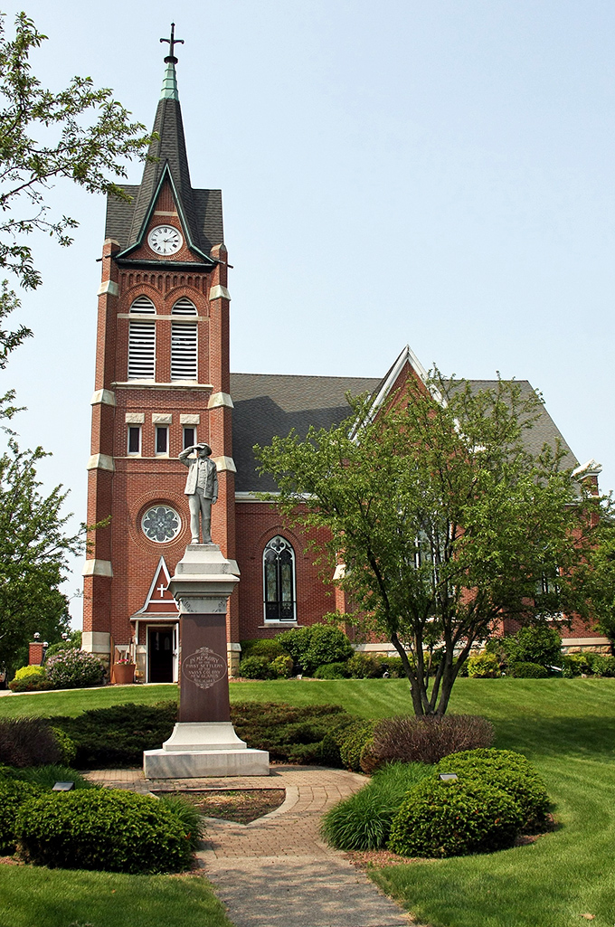 The town's historic church stands sentinel over New Glarus, its brick tower reaching skyward like a spiritual exclamation point.