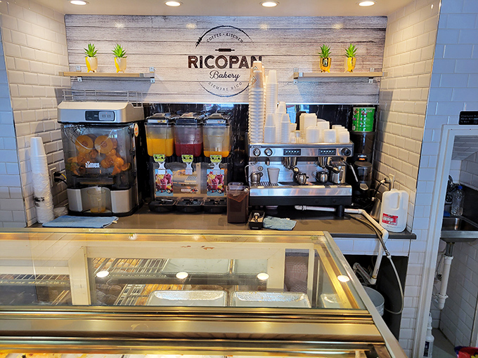 The coffee station stands ready for action like a caffeinated mission control, with juice dispensers offering colorful alternatives for those who've already reached their daily caffeine quota.