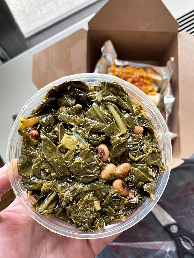 These collard greens, studded with black-eyed peas, aren't just a side dish&mdash;they're a Southern hug in a container.