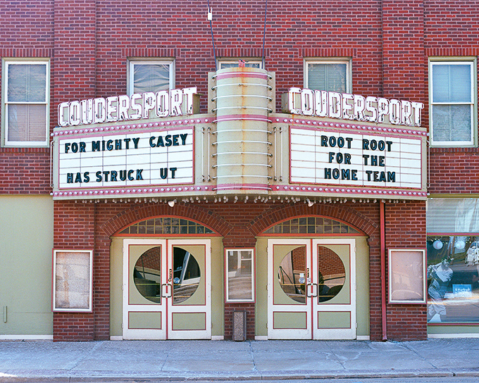 The Coudersport Theatre marquee still lights up Main Street. Casey may have struck out elsewhere, but classic small-town entertainment is alive and well here.