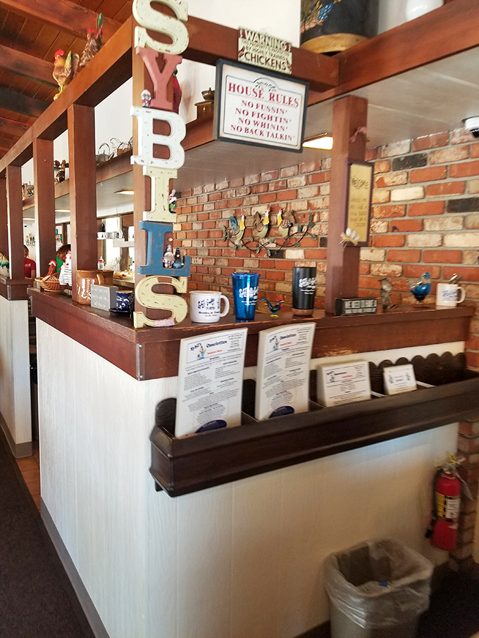 The heart of Sybil's operations, where menus await and chicken-themed decor hints at the egg mastery that awaits you.