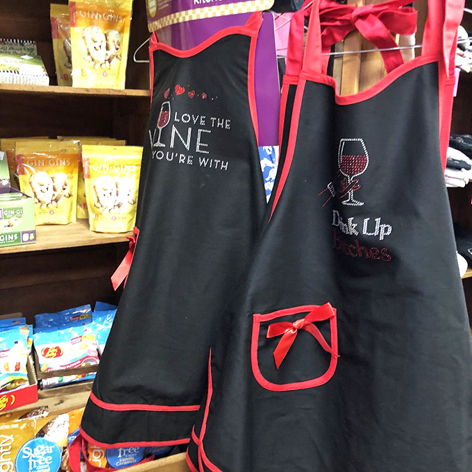 Wine-themed aprons celebrate Hermann's viticultural heritage. Because sometimes adults need reminders that life's too short not to indulge.