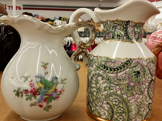 Delicate porcelain survivors from dining rooms past. These elegant pourers have outlived entire kitchen renovations to find themselves here, waiting for new tables to grace.