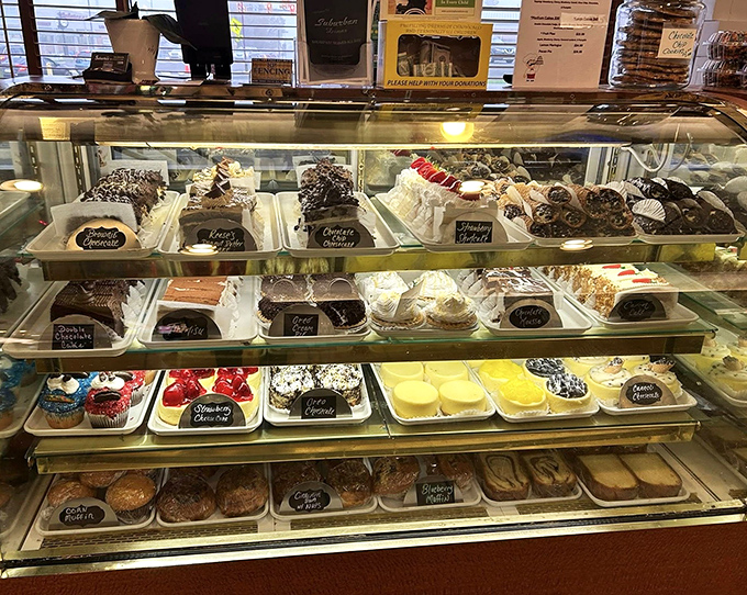 Not so much a dessert case as a museum of temptation &ndash; each piece more alluring than the last, with labels that whisper "diet tomorrow."