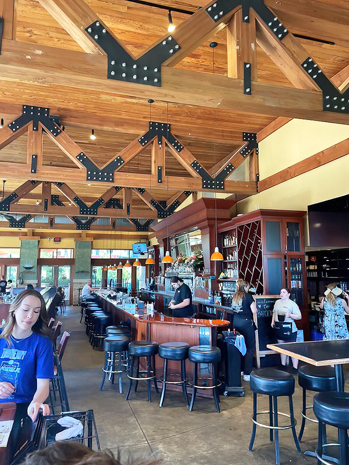 The ceiling architecture steals the show almost as much as the food, with dramatic wooden trusses that make you feel like you're dining in a sophisticated ski chalet.