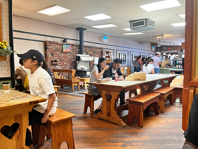 Heart-carved wooden tables hosting pilgrims on the path to pie perfection &ndash; comfort food deserves comfortable seating.