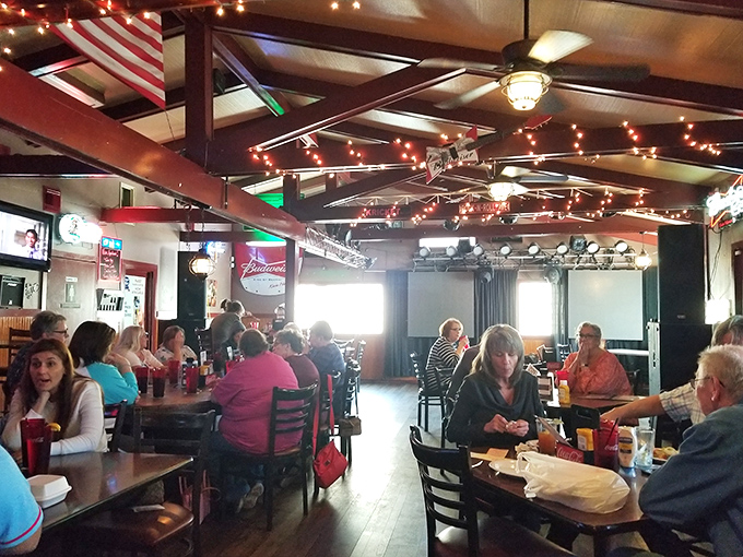 Where strangers become neighbors over plates of comfort food. The warm lighting and American flag remind you you're in the heartland.